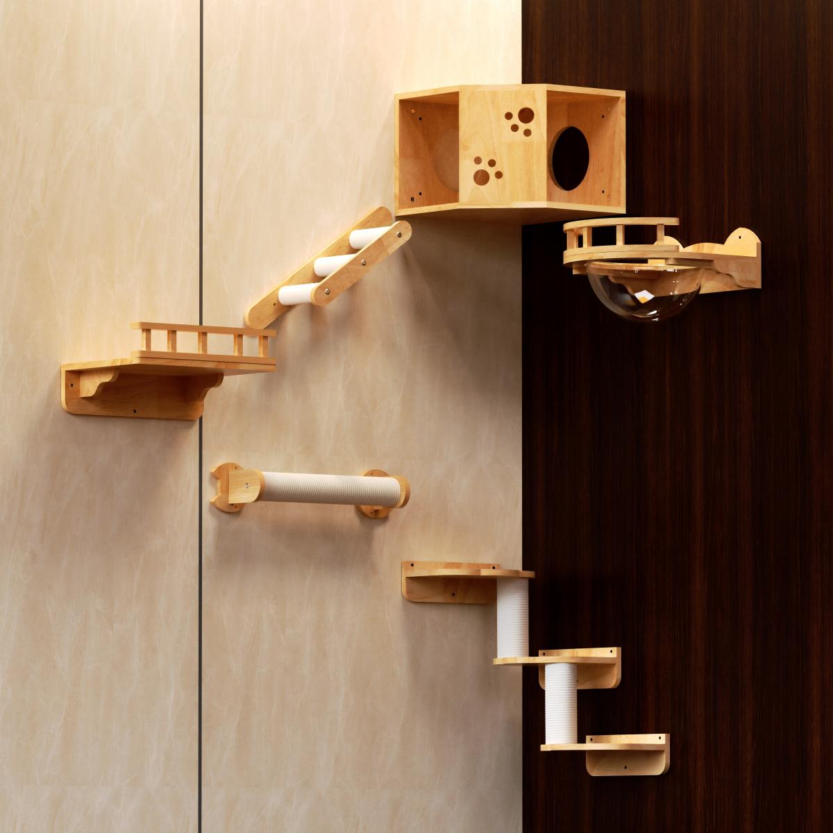 PETOMG Rubberwood Cat Shelves, DIY Cat Shelves | Cat Wall Mounted Set ...