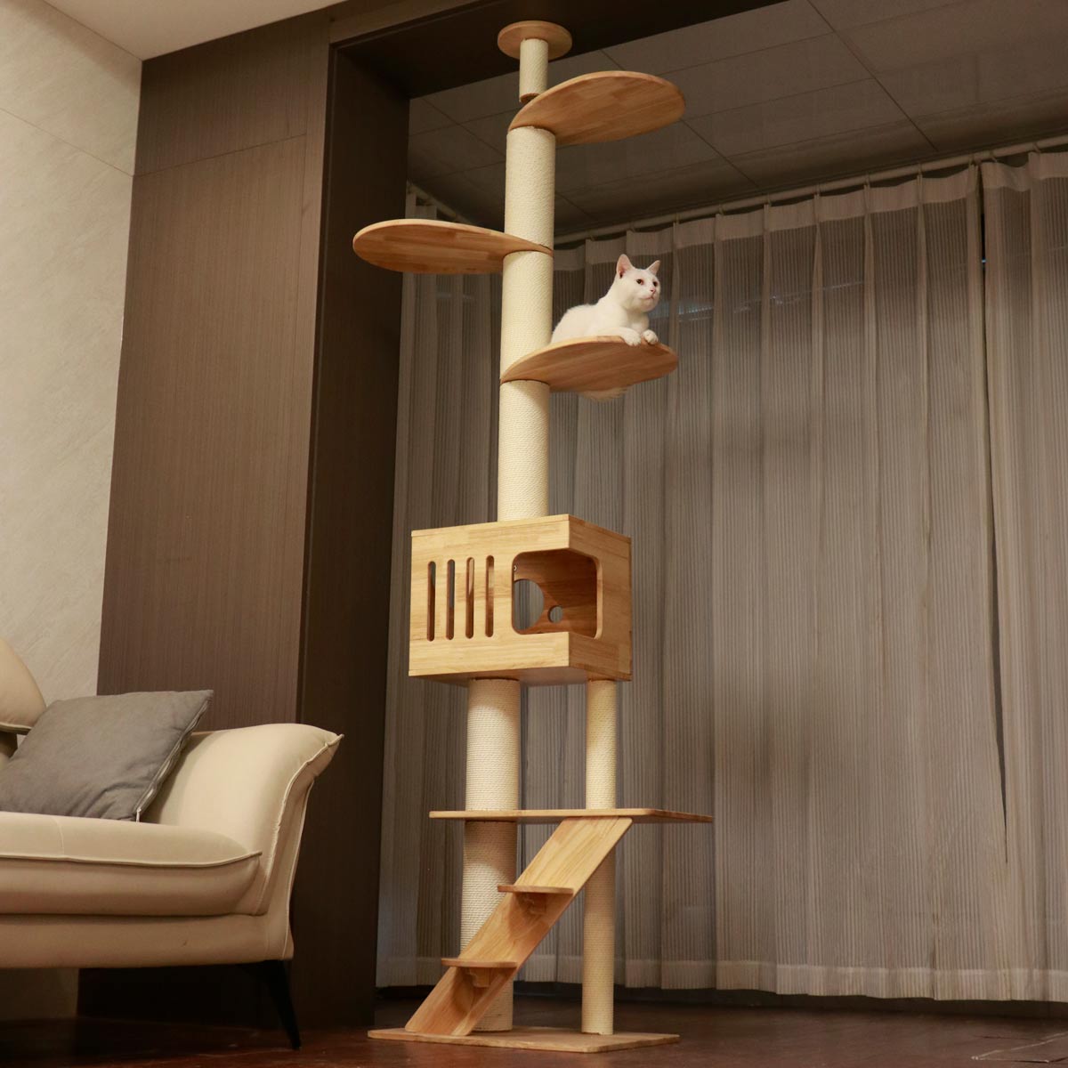 Floor to Ceiling Cat Tree | Durable Rubberwood | Stable & Safe for Mul ...